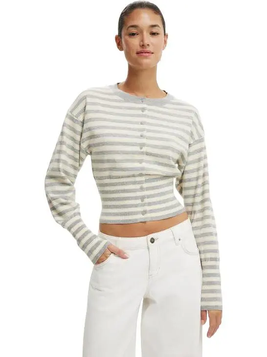 COTTON ON Sara Button Cardigan - Grey Marle Butter Stripe