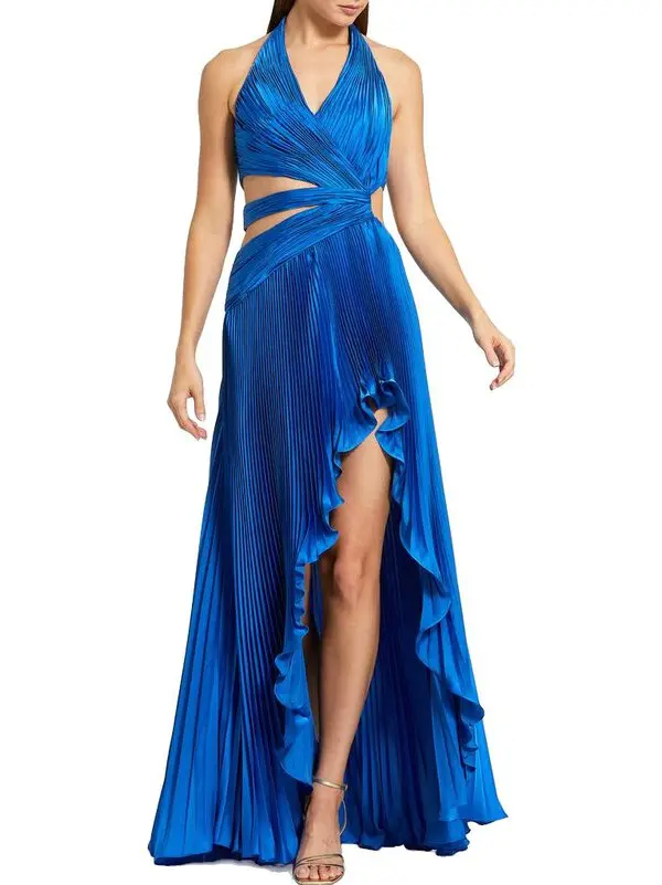 Mac Duggal Halter Neck Pleated Charmeuse Cut Out Gown - Cobalt