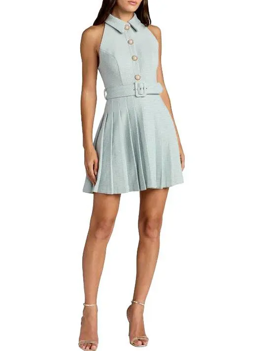 Mac Duggal Bouclé Sleeveless Pleated Mini Dress - Sage