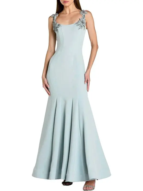 Mac Duggal Beaded Crepe Sleeveless Scoop Neck Mermaid Gown - Powder Blue