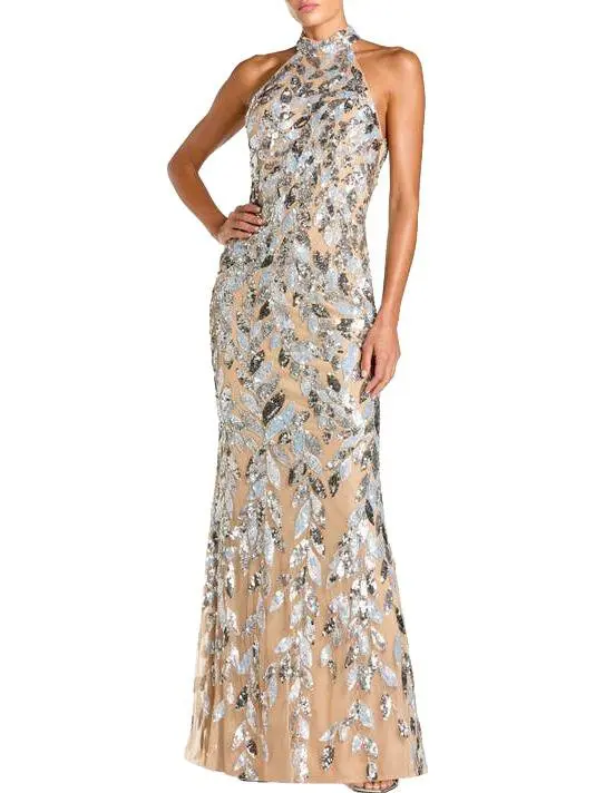 Mac Duggal Sequin Halter Column Gown With Open Back - Silver Nude