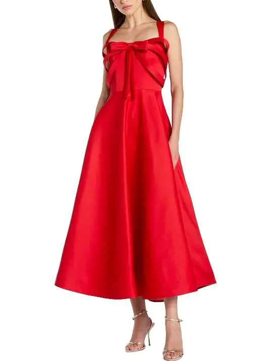 Mac Duggal Satin A-line Ankle Dress With Bow - Red
