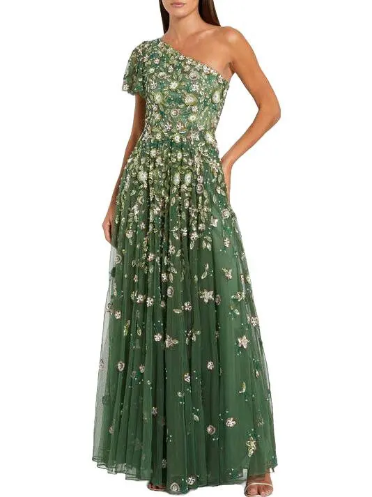 Mac Duggal Floral Embellished One-shoulder Gown - Sage