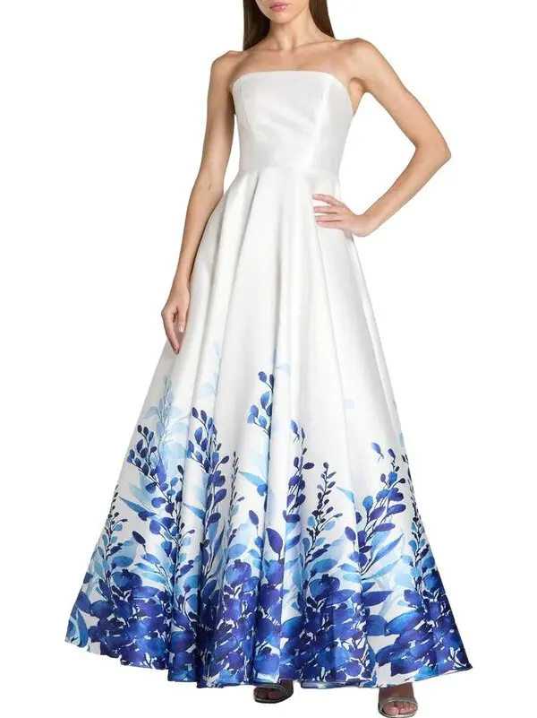 Mac Duggal Strapless Floral Print Mikado Ball Gown - White Multi