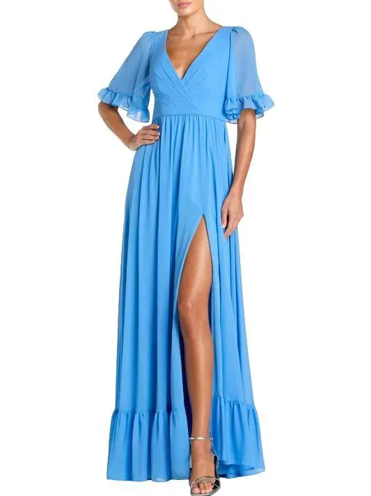 Mac Duggal V-neck Flutter Sleeve Faux Wrap Maxi Gown - Fusion Blue