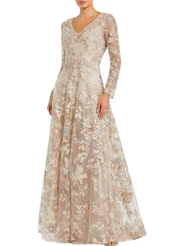 Mac Duggal Embellished Illusion Long Sleeve V Neck Gown - Champagne