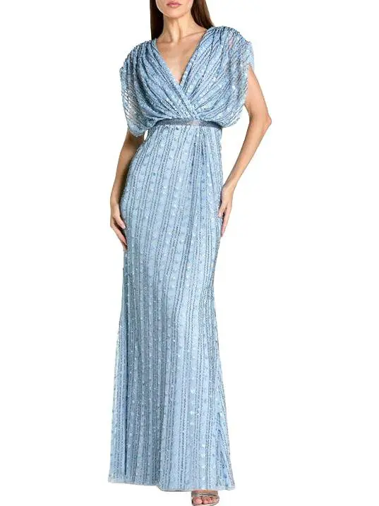 Mac Duggal Beaded Mesh Blouson V-neck Gown - Periwinkle