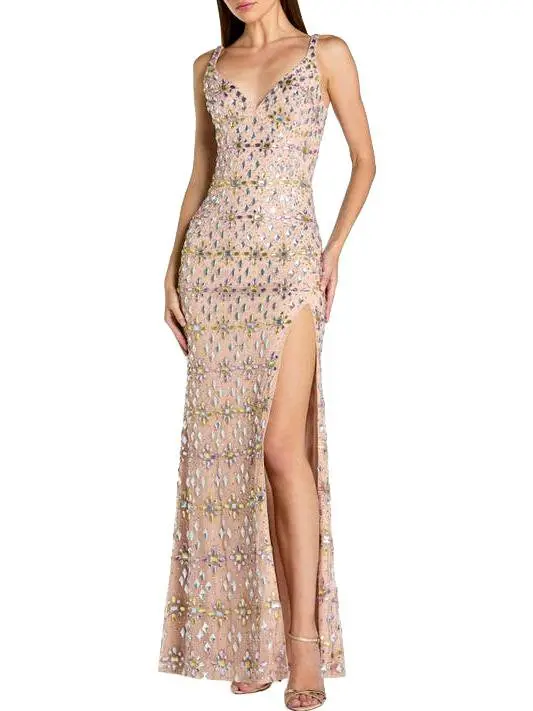 Mac Duggal Beaded Sweetheart Neck Column Gown With Slit - Light Rose