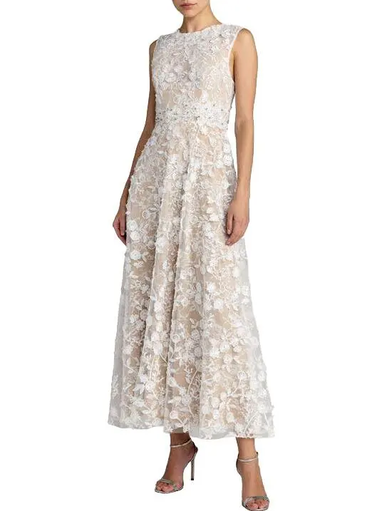 Mac Duggal Floral Embroidered High Neck Midi Dress - Ivory Nude