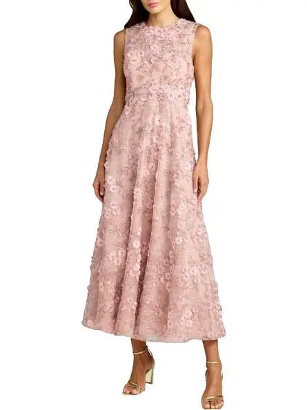 Mac Duggal Floral Embroidered High Neck Midi Dress - Rose