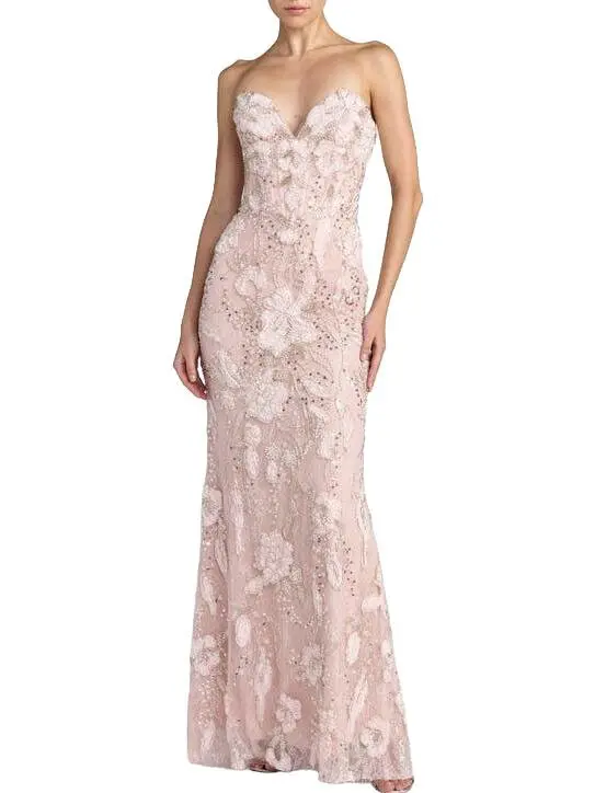 Mac Duggal Floral Beaded Mesh Strapless Column Gown - Porcelain