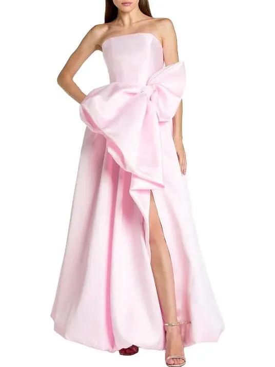 Mac Duggal Mikado Strapless Bow Ballgown - Ice Pink