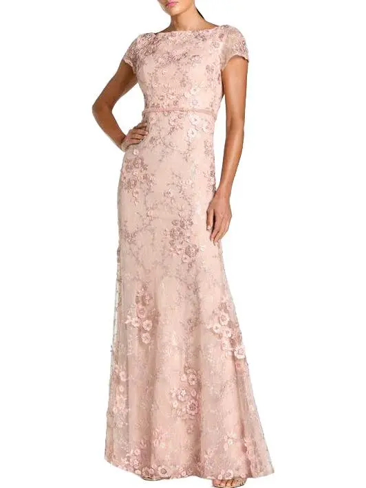 Mac Duggal Floral Applique Boat Neck Gown - Blush