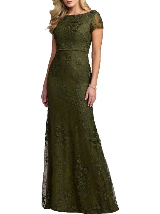 Mac Duggal Floral Appliqué Boat Neck Cap Sleeve Gown - Olive