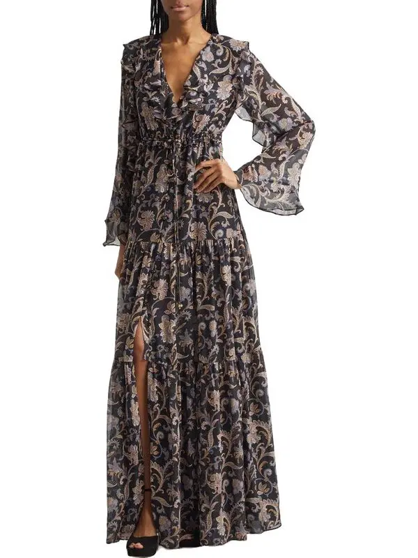 Veronica Beard Akara Floral Paisley Silk Maxi Dress - Black Multi