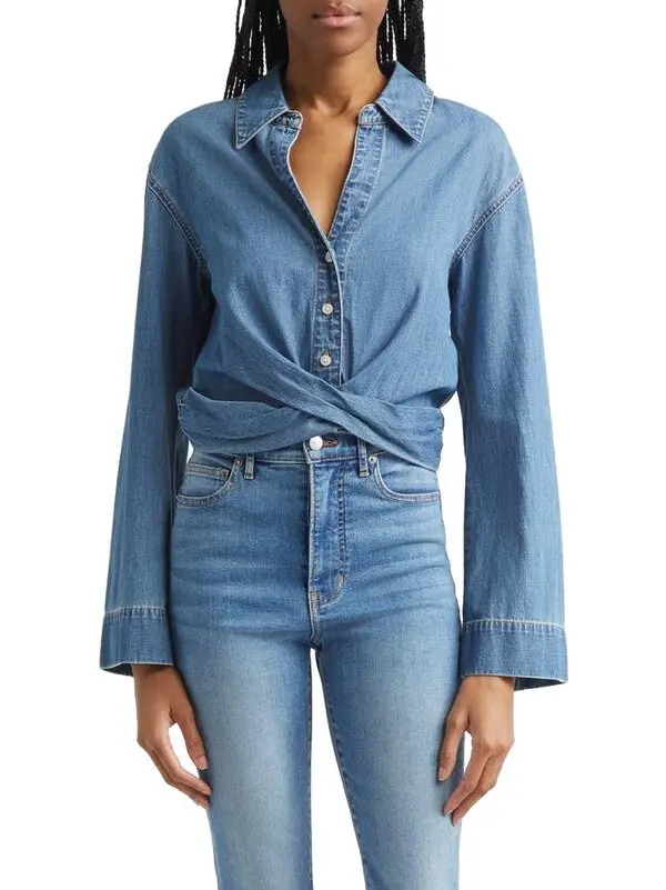 Veronica Beard Timothy Crop Twist Denim Shirt - Ripple Haze