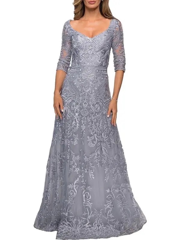 La Femme Embroidered Lace A-line Gown - Silver