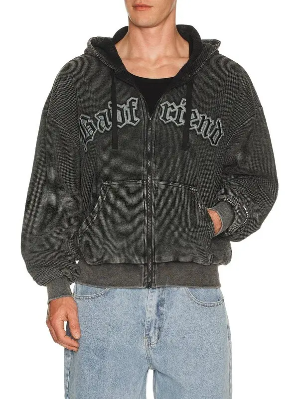 BADFRIEND Waffle Knit Full Zip Hoodie - Off Black