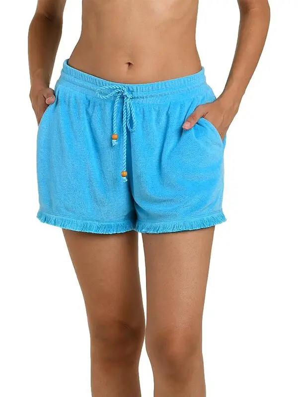 La Blanca Terry Cover-up Beach Shorts With Frayed Hem And Drawstring Waist - Sky