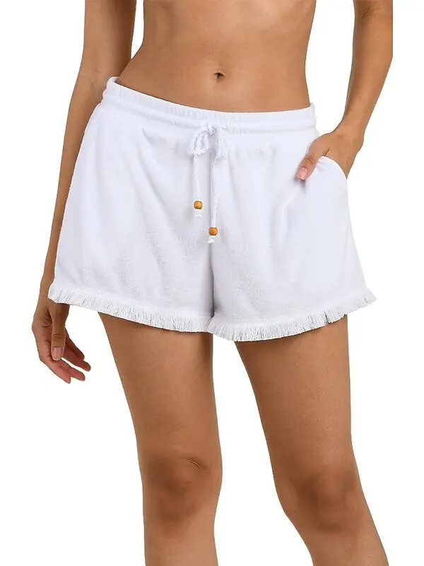 La Blanca Terry Cover-up Beach Shorts With Frayed Hem And Drawstring Waist - White