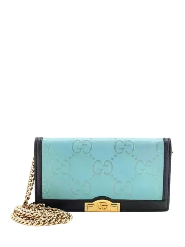 Gucci Full Flap Wallet On Chain Gg Embossed Leather Crossbody Bag - Blue