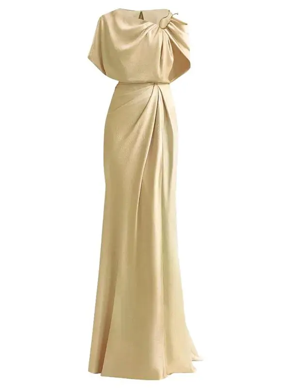 GEMY MAALOUF Asymmetrical Draped Maxi Dress With Gold Buckle - Neutrals