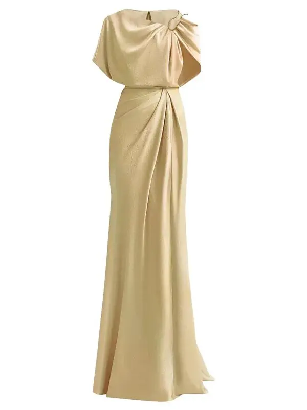 GEMY MAALOUF Asymmetrical Draped Maxi Dress With Gold Buckle - Neutrals