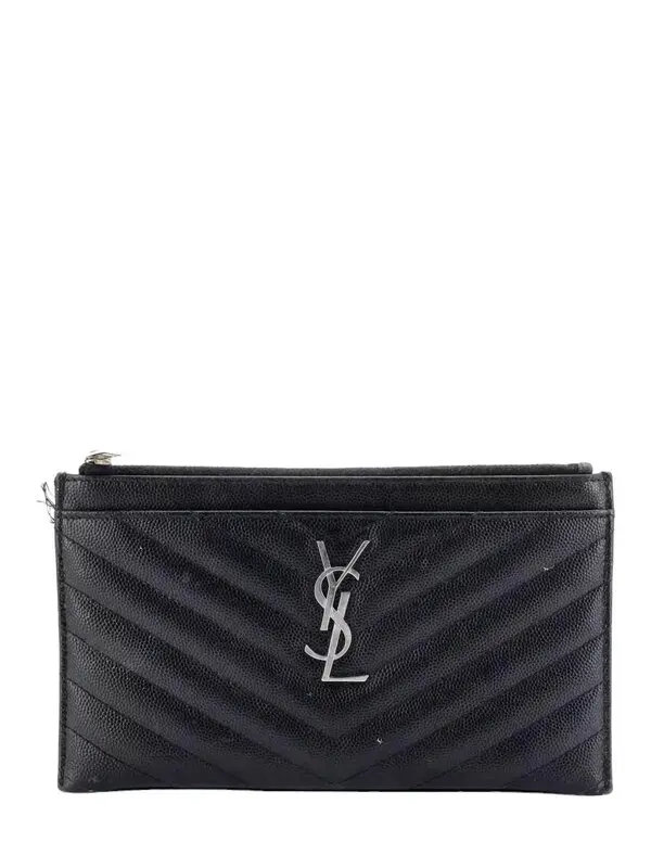 Saint Laurent Classic Monogram Zip Bill Matelasse Chevron Leather Medium Pouch - Black