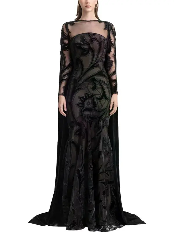 GEMY MAALOUF Floral-embroidery Cape Maxi Dress - Black