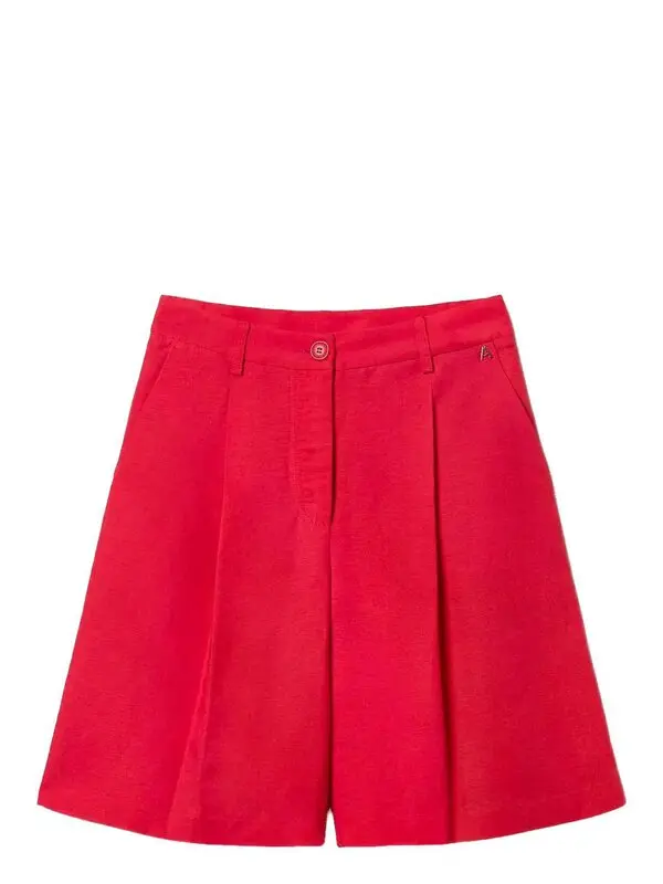 TWINSET Pleated Linen Bermuda Shorts - Red