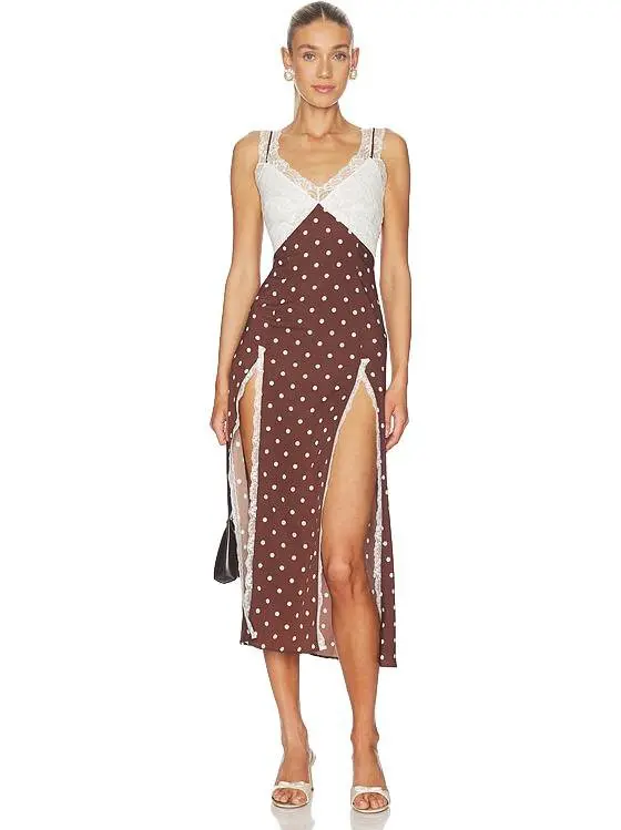 ROWEN ROSE Polka Dot Long Dress - Brown Polka Dots