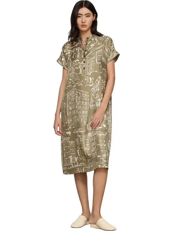 Lafayette 148 New York Landmarks Print Silk Henley Dress - Khaki Green Multi