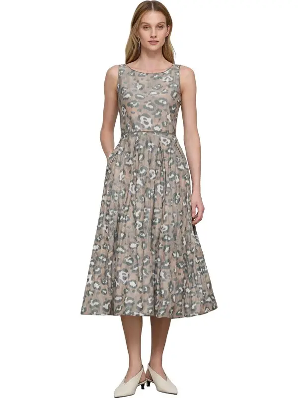 Lafayette 148 New York Leopard Print Taffeta A-line Midi Dress - Brownstone Multi