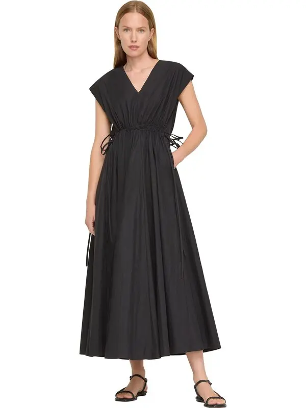 Lafayette 148 New York Travel Cotton Drawstring V-neck Maxi Dress - Black