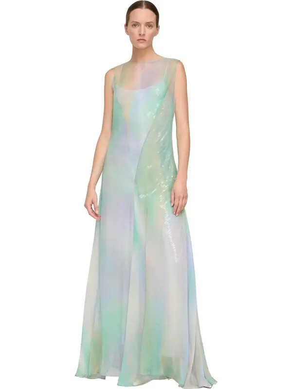 Lafayette 148 New York Aurora Print Silk Flared Gown With Sequined Slip - Aurora Green Multi