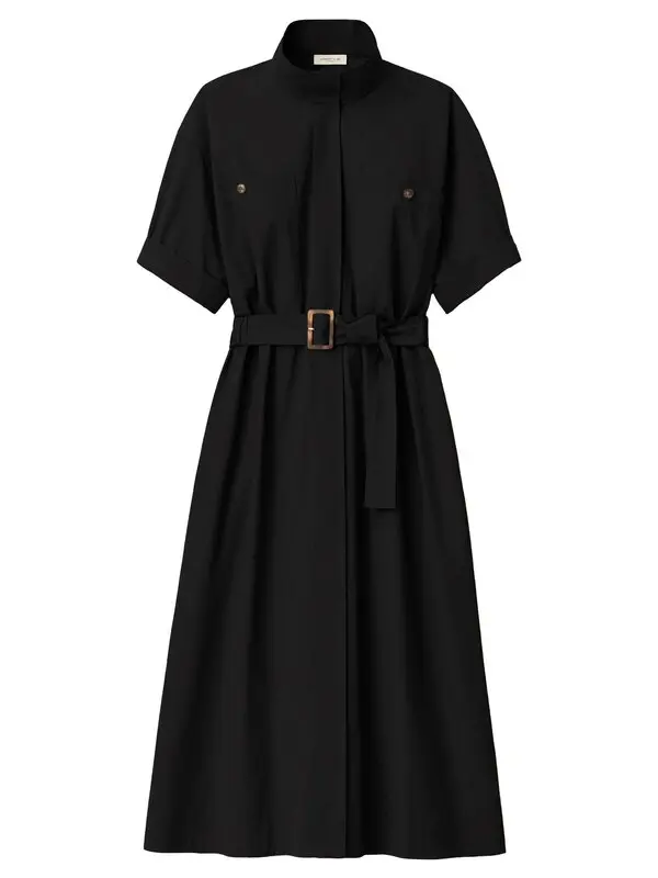 Lafayette 148 New York Organic Cotton Poplin Belted Shirt Dress - Black