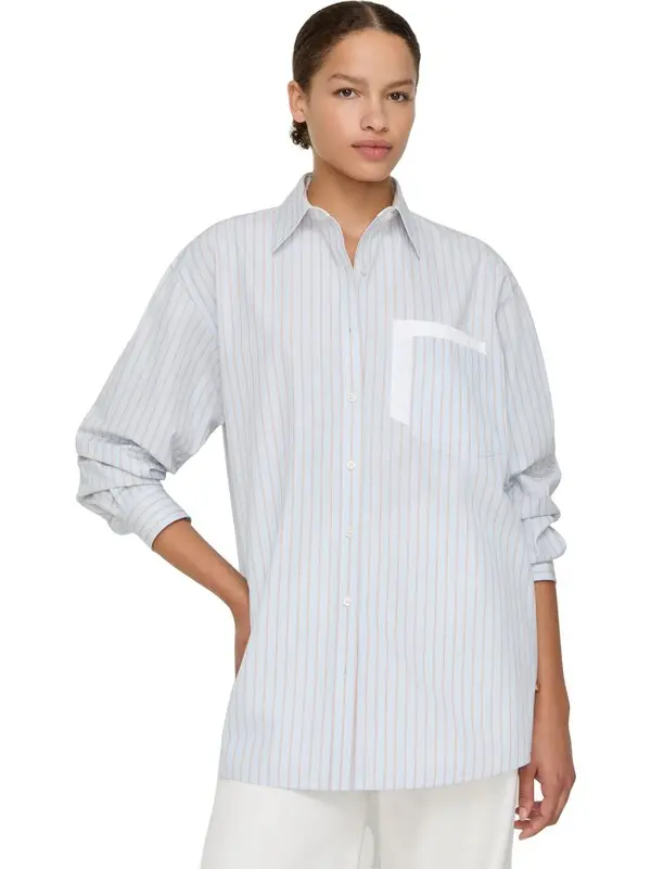 Lafayette 148 New York Striped Cotton Oversized Shirt - Glacier Blue Multi