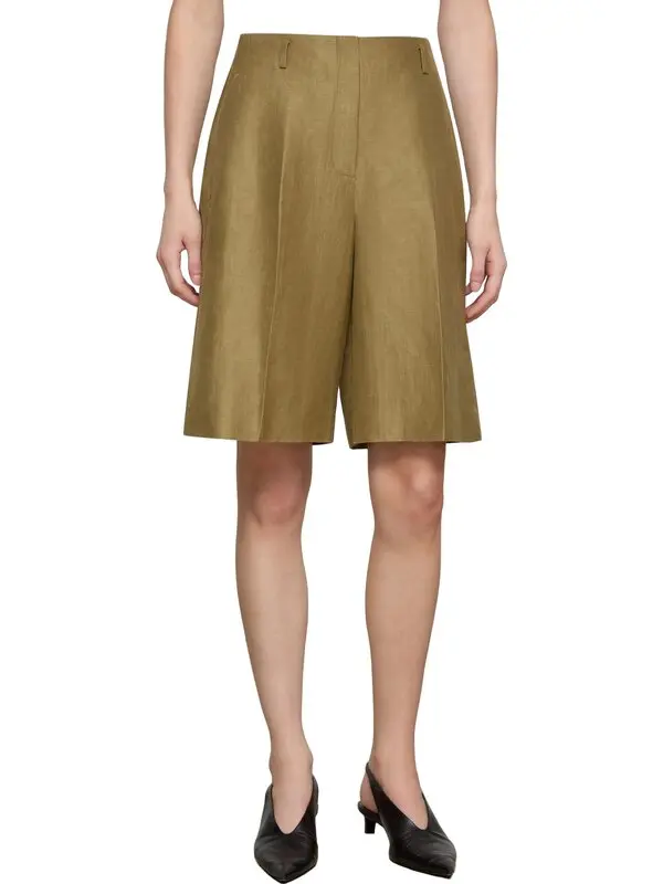 Lafayette 148 New York Linen-viscose Wide Leg Shorts - Khaki Green