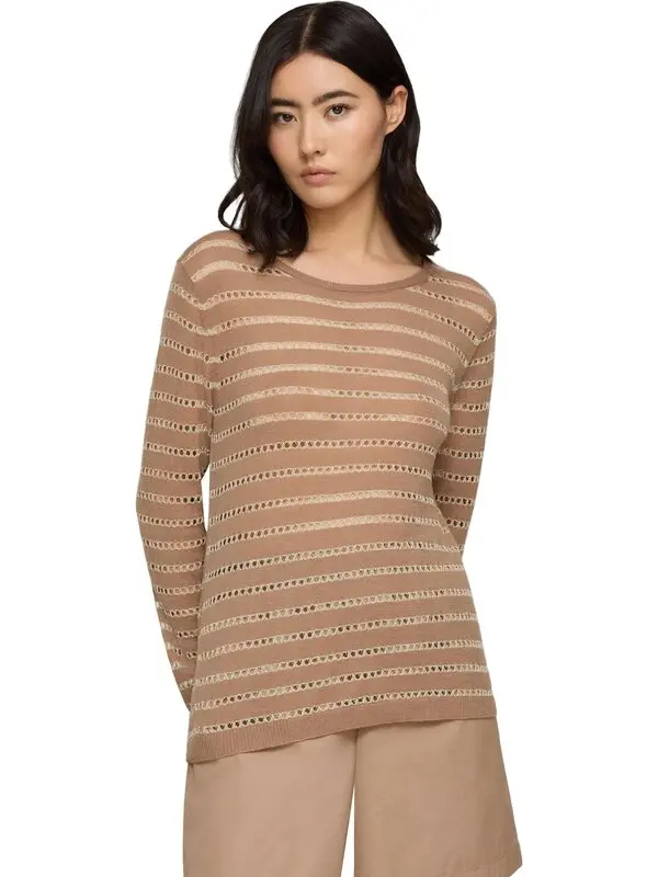 Lafayette 148 New York Metallic Stripe Cashmere Crewneck Sweater - Brownstone Metallic