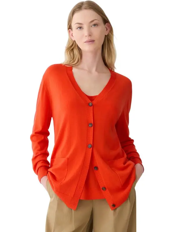 Lafayette 148 New York Washable Merino Wool Button Front Cardigan - Orange Poppy