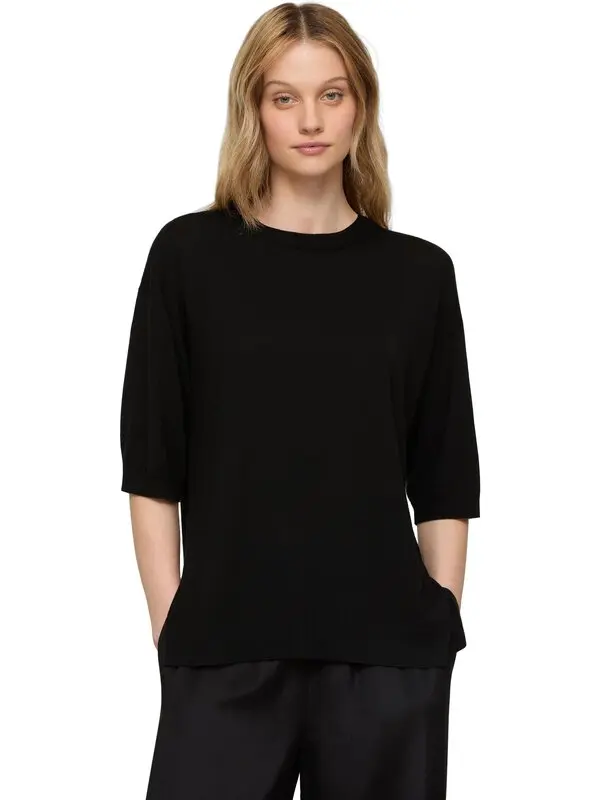Lafayette 148 New York Short Sleeve Merino Wool Crewneck Sweater - Black