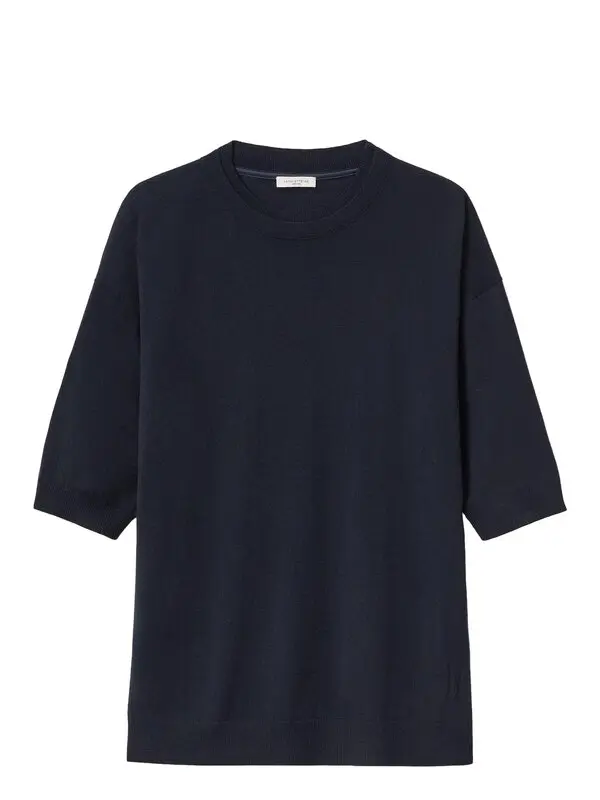Lafayette 148 New York Short Sleeve Merino Wool Crewneck Sweater - Blue Ink