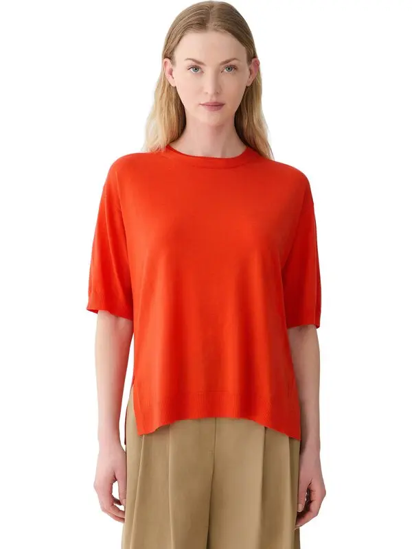Lafayette 148 New York Short Sleeve Merino Wool Crewneck Sweater - Orange Poppy