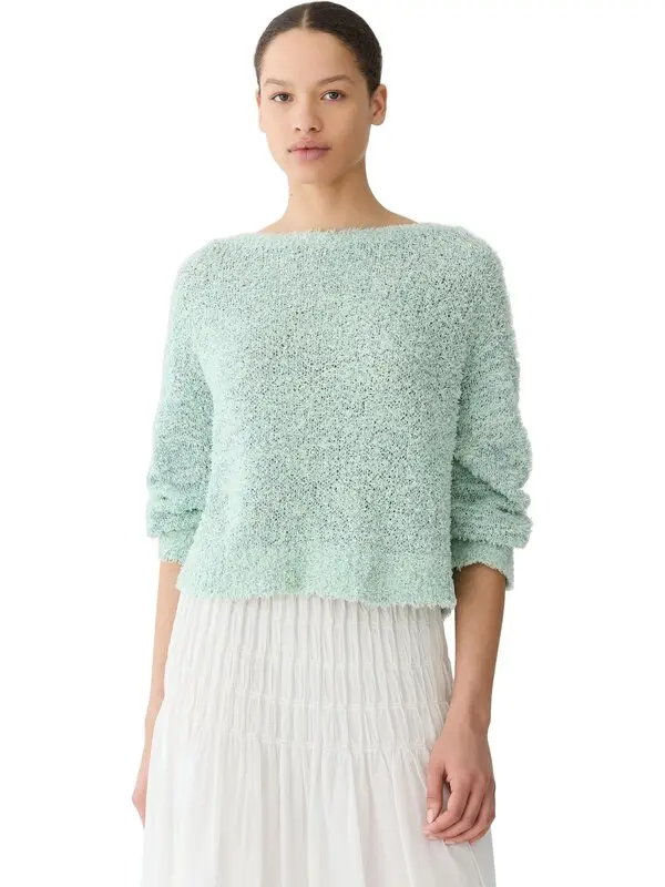 Lafayette 148 New York Cotton Sequin Fringed Crewneck Sweater - Aquamarine Multi