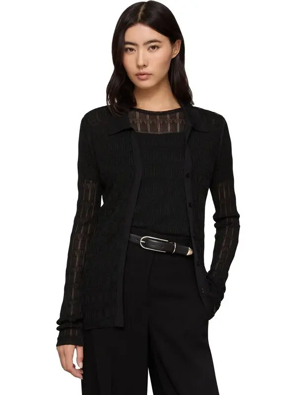 Lafayette 148 New York Lace Stitch Polo Cardigan - Black