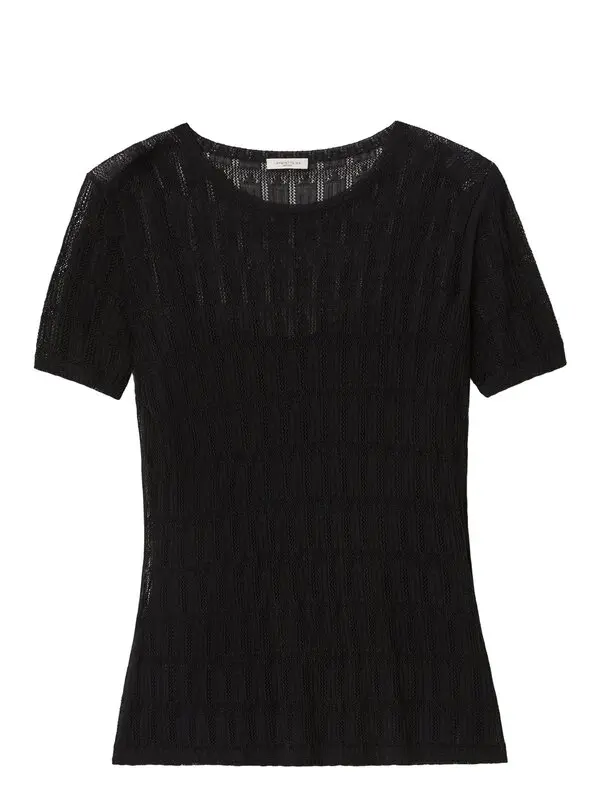 Lafayette 148 New York Lace Stitch Short Sleeve Crewneck - Black