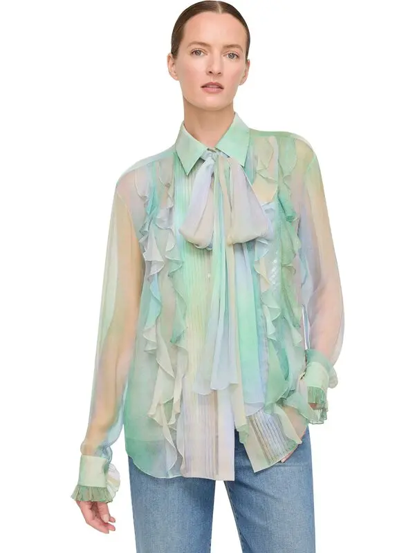 Lafayette 148 New York Aurora Print Silk Blouse With Sequin Camisole - Aurora Green Multi