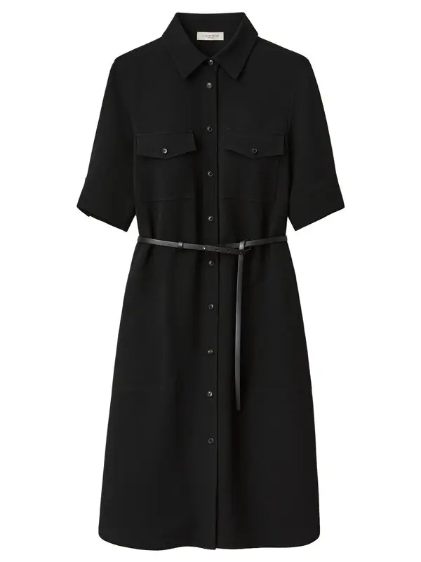 Lafayette 148 New York Crepe Pocket Belted Shirt Dress - Black