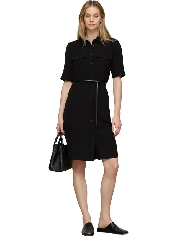Lafayette 148 New York Crepe Pocket Belted Shirt Dress - Black