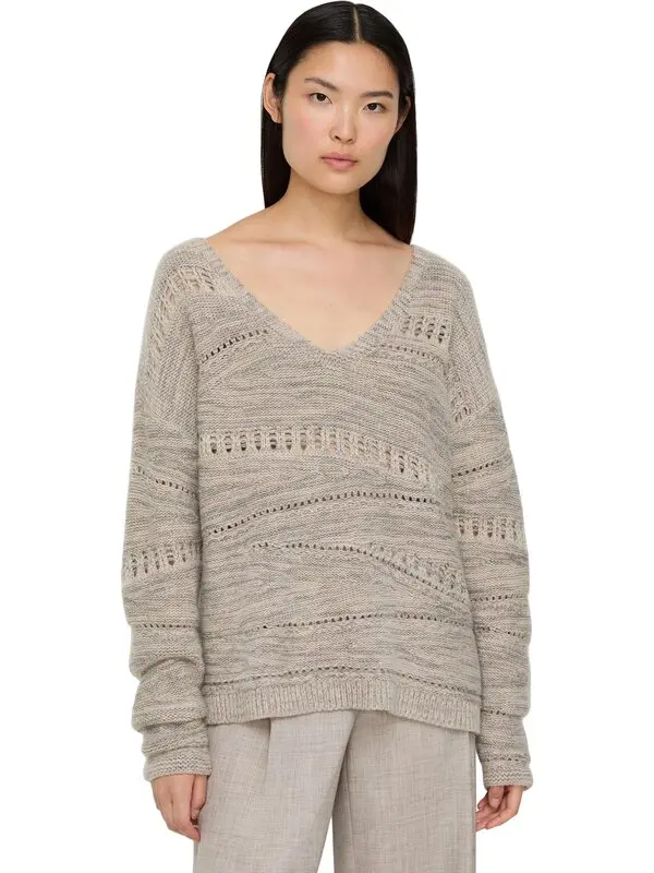 Lafayette 148 New York Cashmere Sequin Silk V-neck Sweater - Taupe Multi